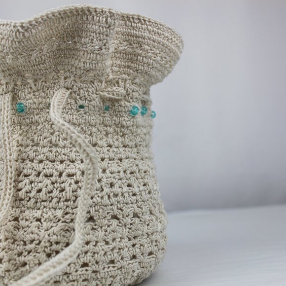 CnBMine | Bags | Glass Blue Beaded Cream Crocheted Money Bag Drawstring ...